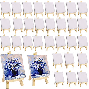 UHBYJM 32 Pack Mini Canvas and Easel,4 x 4 Inch Stretched Mini Canvases Small Painting Canvas with Mini Easel,Art Canvases Small Canvases for Kids Painting Party Craft Acrylic Pouring Oil Water Color