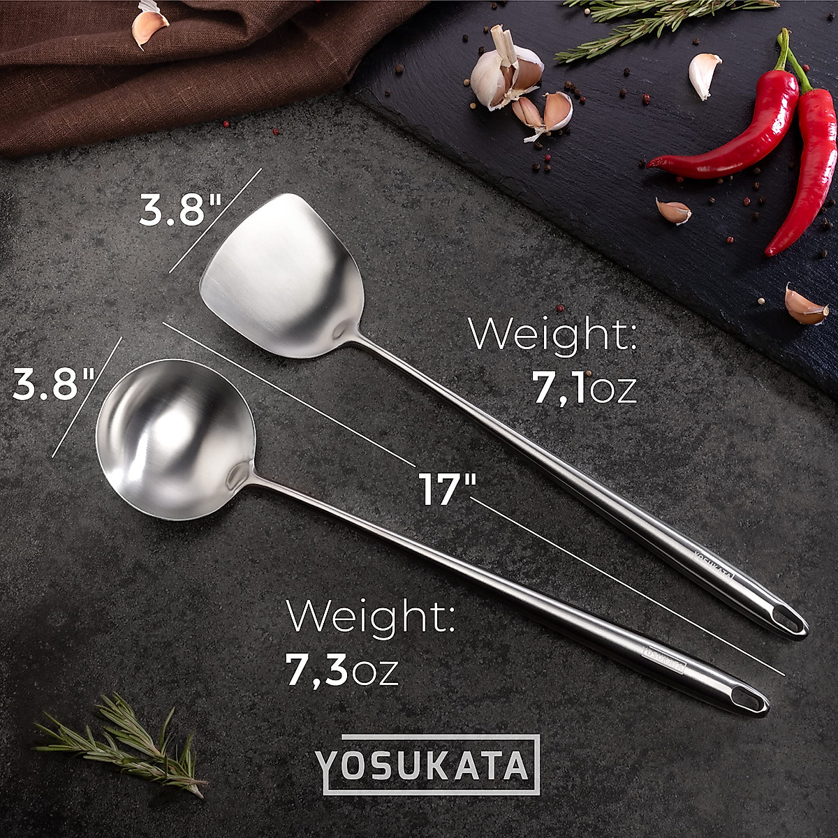 YOSUKATA Silver Round Bottom Wok Pan – 14" Woks and Stir Fry Pans + Wok Lid 13.6 Inch + 17’’ Wok Spatula and Ladle