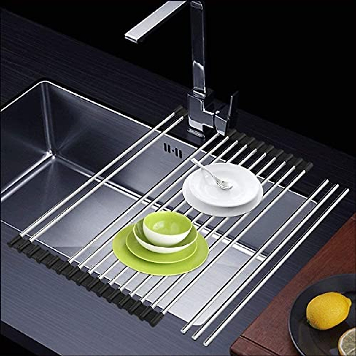 Roll up Dish Drying Rack Over The Sink Dish Drying Rack Portable Stainless Still Rolling Rack Folding Dish Drainer Sink Rack Mat Dish Drying Rack for Kitchen Sink Counter (17.8''LX11.2''W, Black)