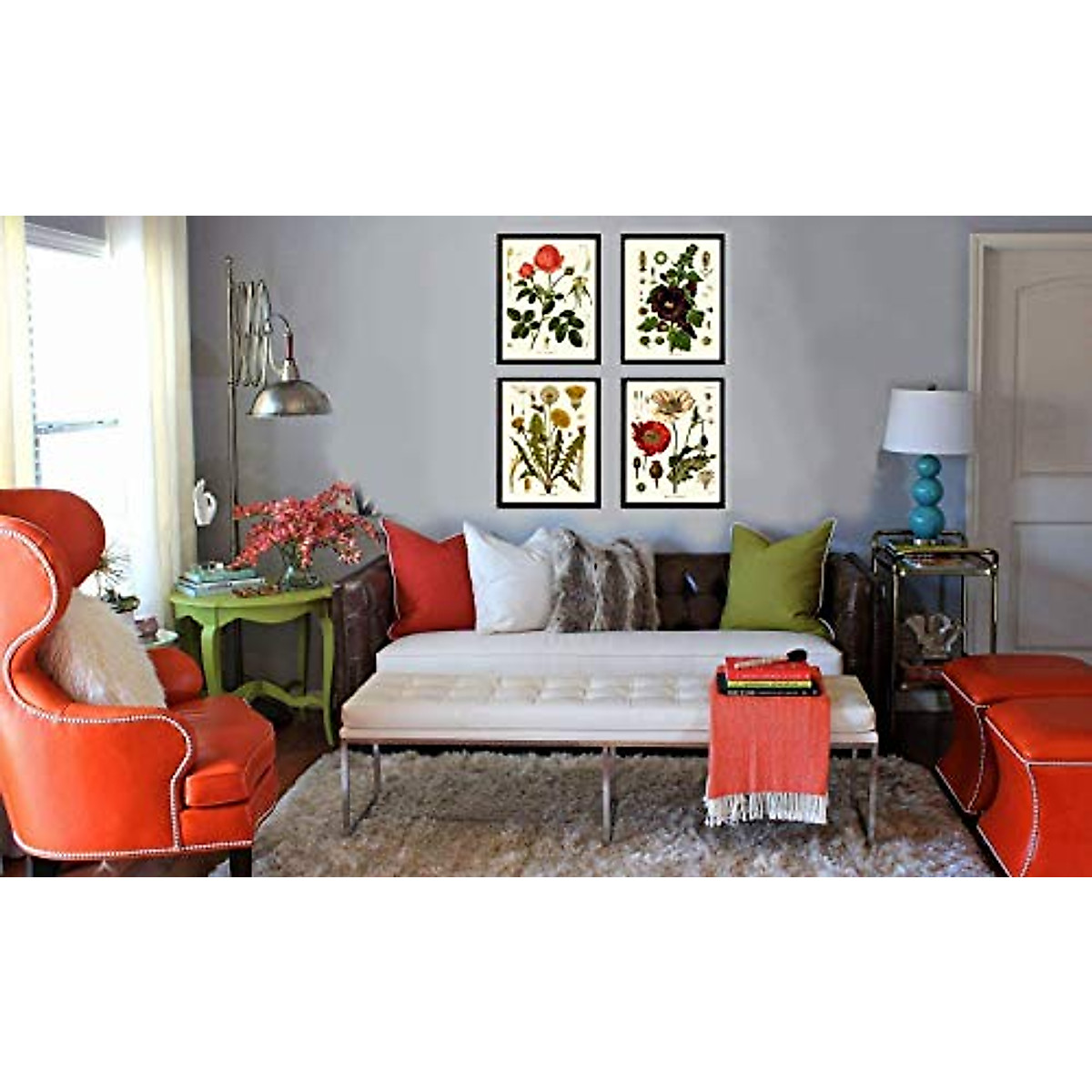 Botanical Flower Set of 4 Art Prints Antique Beautiful Red Rose Poppy Large Black Hollyhock Dandelion Spring Summer Garden Home Room Wall Decor Unframed KOH