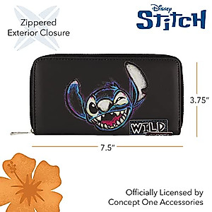 Concept One Disney Lilo and Stitch Wallet with Zipper, Zip Around Wallet Clutch, Black