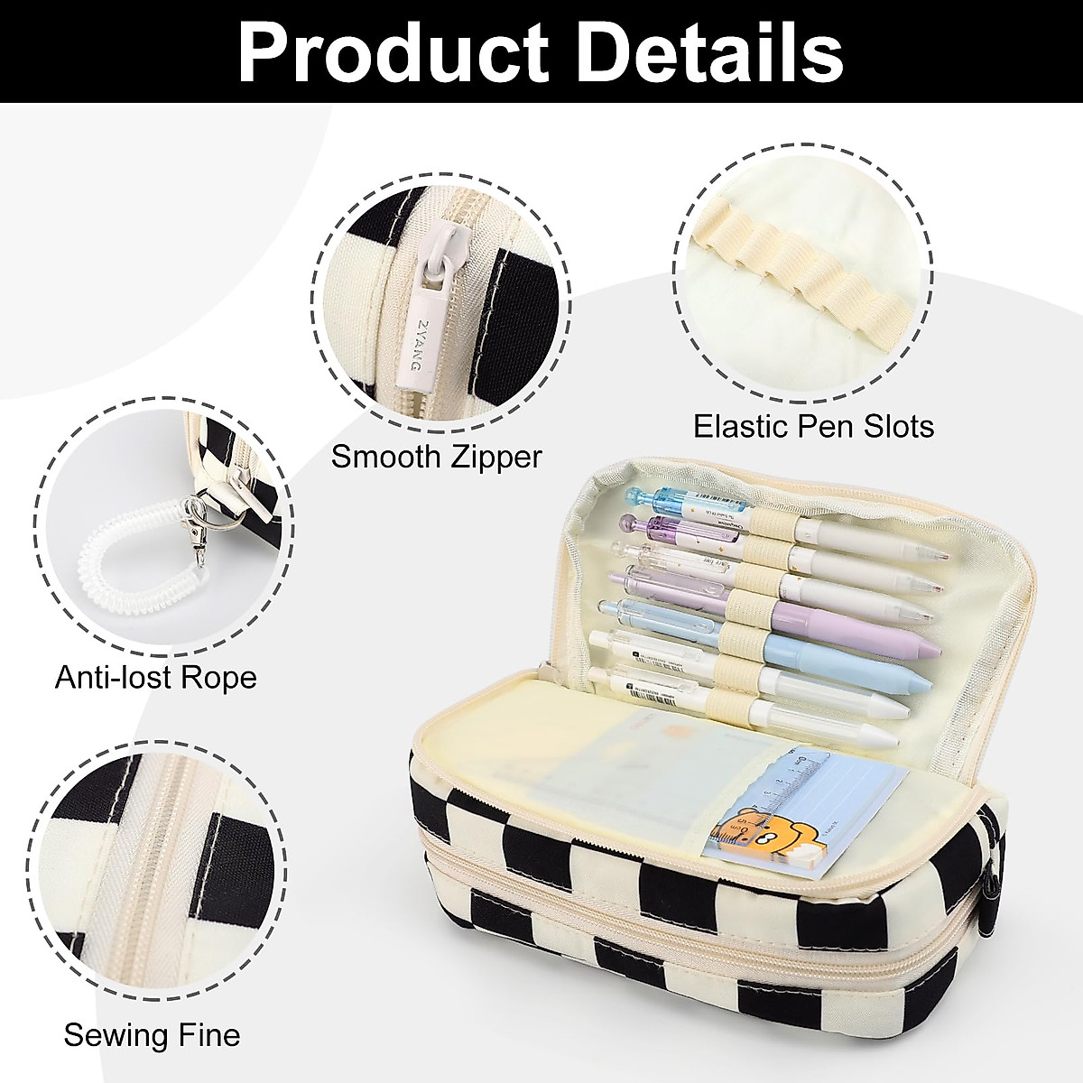 MOSA BEAR Pencil Case Large Capacity Pencil Pouch with Zipper Portable Office Stationery Makeup Bag, Aesthetic Big Capacity Pen Bag for Teen Girls, Women(Black)