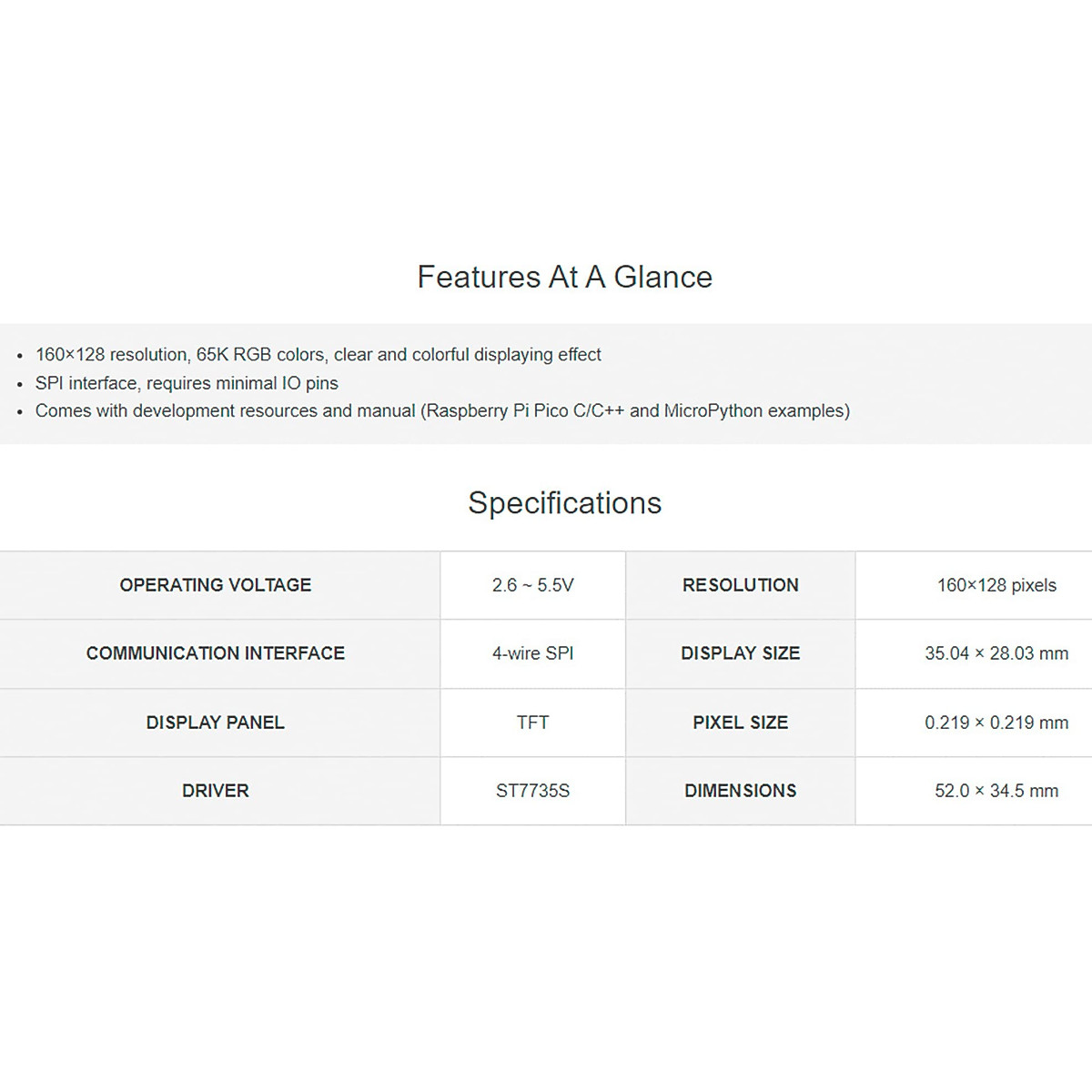waveshare for Raspberry Pi Pico 1.8inch LCD Display Module, TFT Screen Display 160x128 Resolution 65K RGB Display Color SPI Interface 2.6-5.5V Operating Voltage