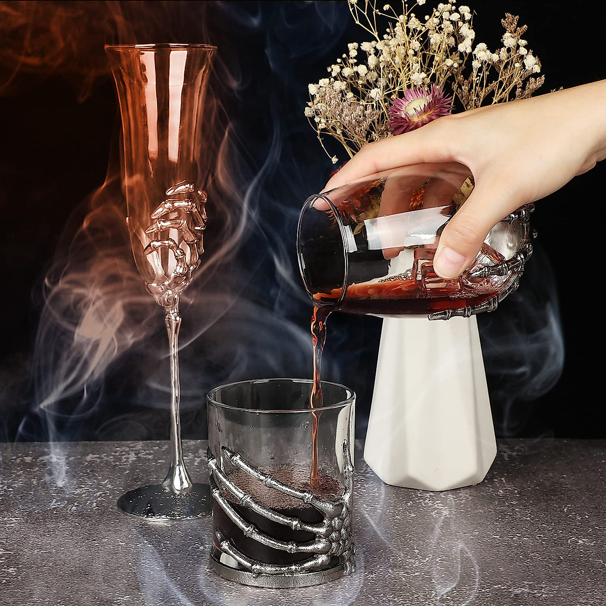 RHFF Halloween Skull Wine Glass, Skeleton Ghost Hand Wine Glass, Halloween Drinking Glasses, Skeleton Hand Goblet, Hotel Family Halloween Party Favors for Adults (A)