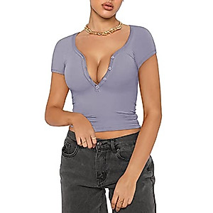 REORIA Women’s Summer Sexy Casual Henley V Neck Button Down Short Sleeve Going Out Y2K Ribbed Tshirts Crop Tops Light Haze Blue Small