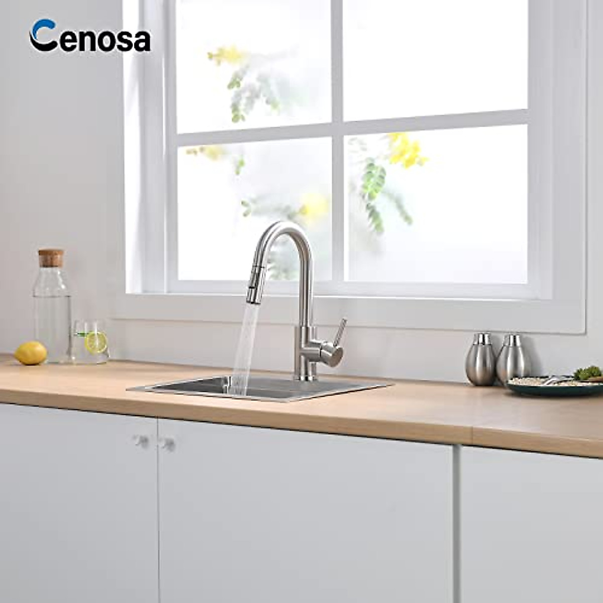 CENOSA Modern Bar Sink Faucet for Kitchen Sink Single Handle with Pull Out Sprayer Hot and Cold Prep Sink Faucet Brushed Nickel