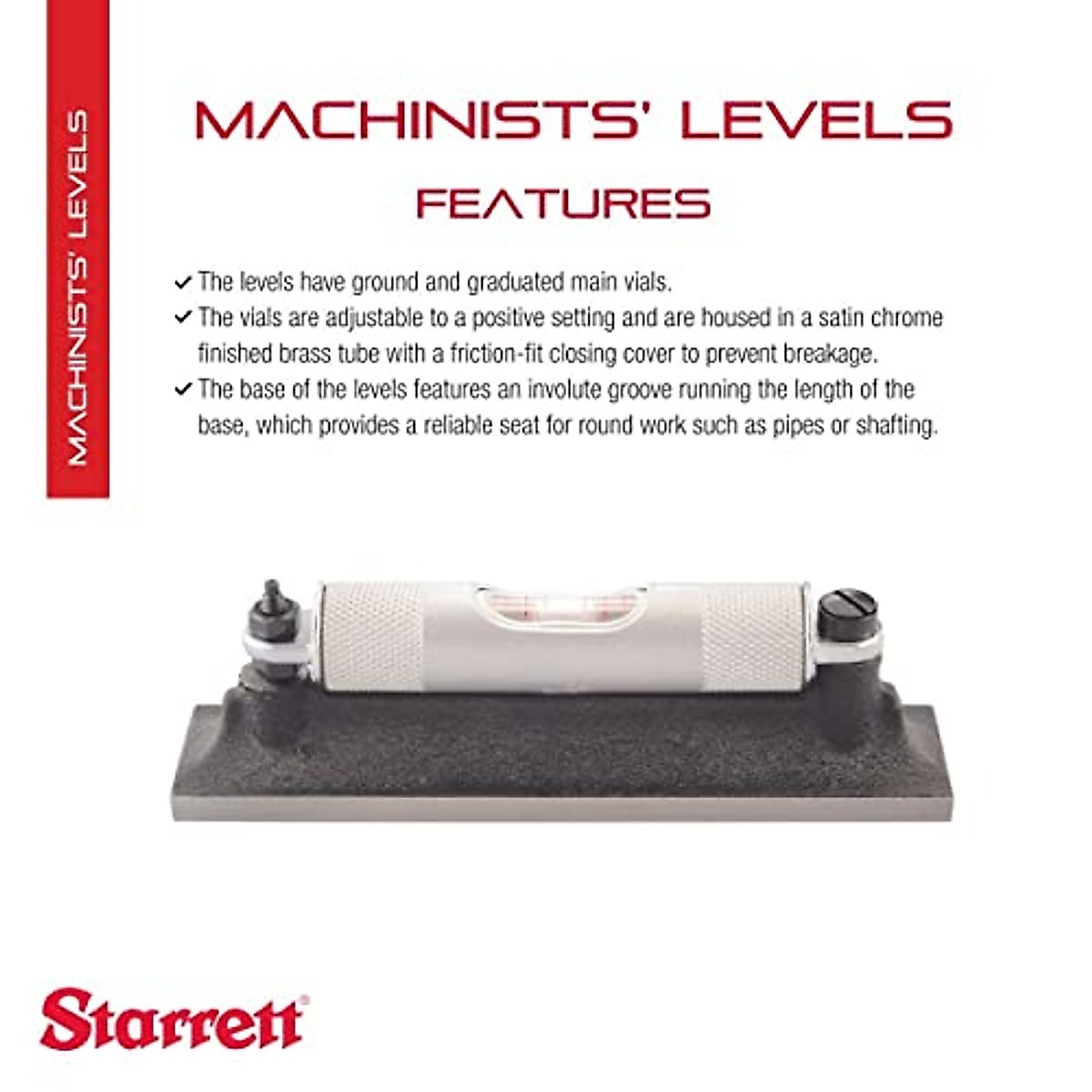 Starrett Machinists' Level with Ground and Graduated Main Vial - Ideal for Machine Shop and Tool Room Use - 4" (100mm) Length, Without Case and Cross Test Vial - 98-4