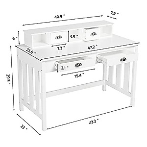 Yaheetech Writing Computer Desk Home Office Desk with Drawers and Hutch, 47 In Wood Frame Secretary Desk for Home Office with Large Desktop, Modern Workstation with Removable Floating Organizer, White