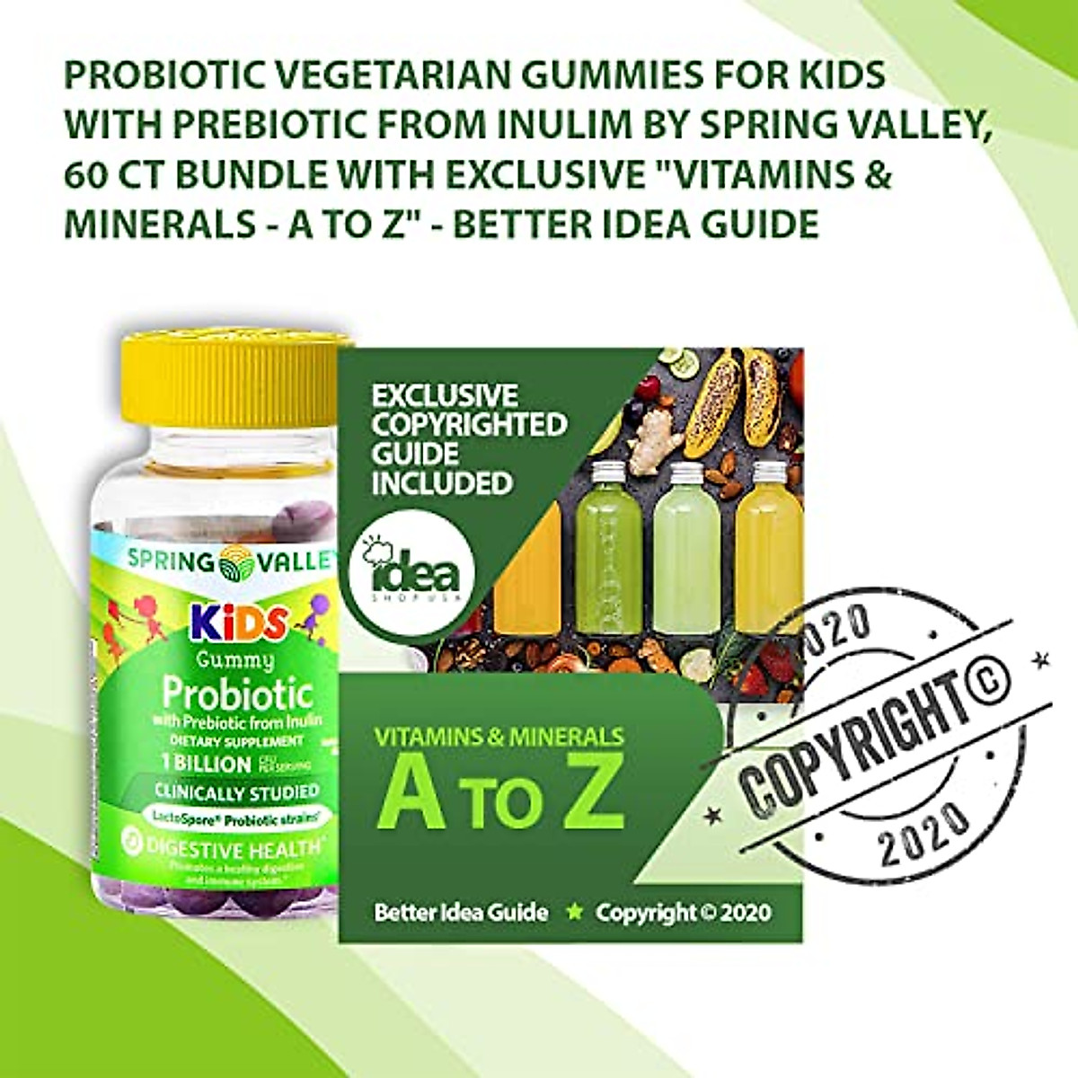 Probiotic Vegetarian Gummies for Kids with Prebiotic from Inulim by Spring Valley +Vitamins & Minerals A to Z - Better Idea Guide (1 Pack, 60 ct)