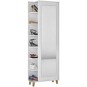 Pemberly Row Modern Wood 7 Shelf Shoe Rack with Mirror in White