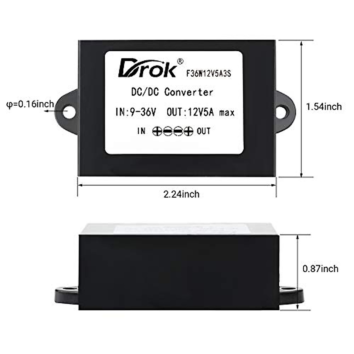 DROK DC-DC Stabilizer, 9V-36V to 12V Boost Buck Converter 5A 60W Waterproof Auto Step Up Down Voltage Regulator 12V Volt Transformer for Car Audio Solar Power System LCD Television LED Display Screen