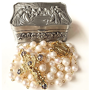 elegantmedical HANDMADE (AAA 10MM) Real Pearl BEADS CATHOLIC GOLD ROSARY CROSS GIFT NECKLACE Supper BOX