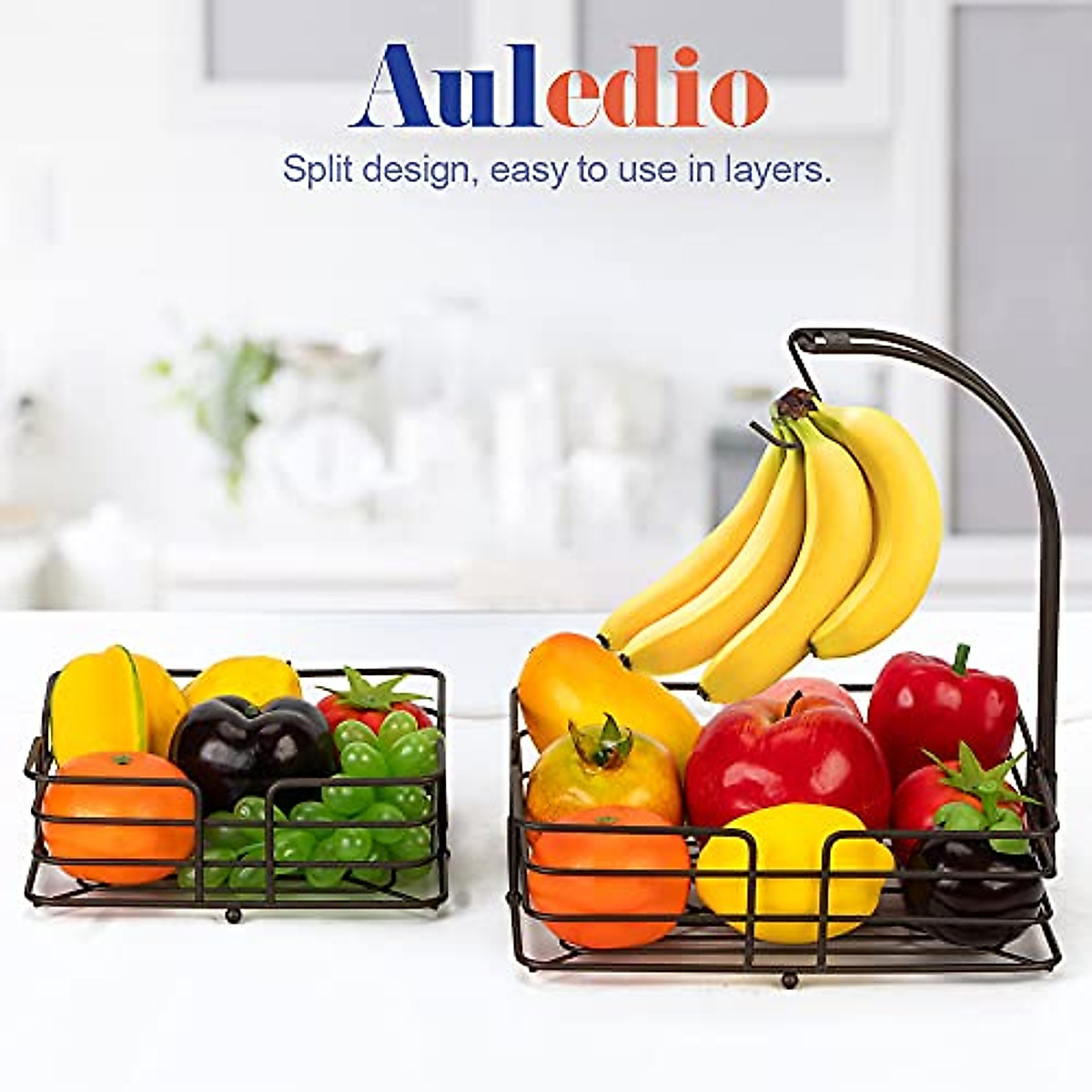 Auledio GGG-123 2-Tier Square Countertop Fruit Vegetables Basket Bowl Storage With Banana Hanger, Brone, 1 PACK