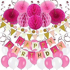 ZERODECO Birthday Party Decoration, Happy Birthday Banner with Paper Fans, Honeycomb Balls, Triangular Pennants, Circle Paper Garland, Hanging Swirls and Balloons - Pink, Rose Red and White