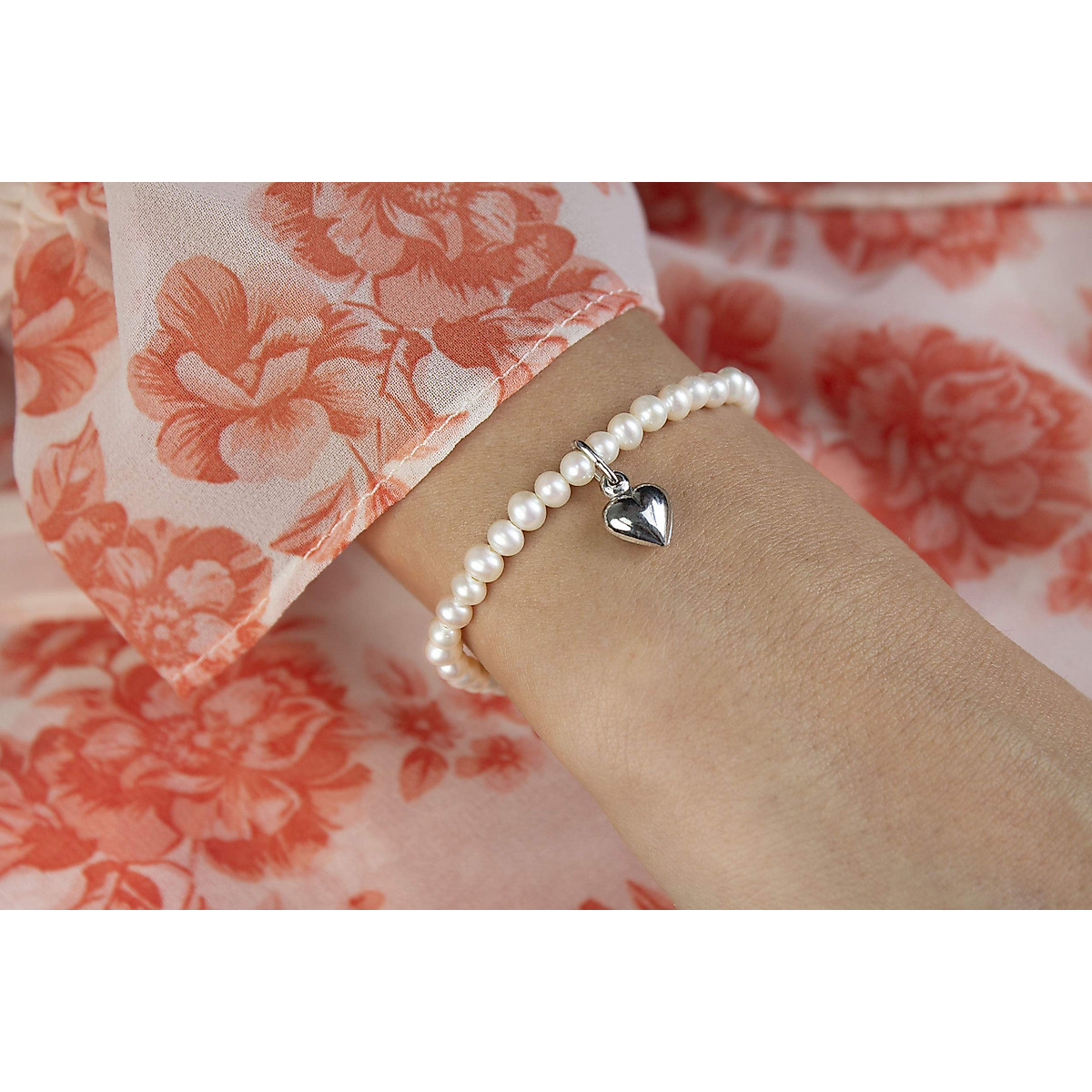 Blue Ocean Pearls .925 Sterling Silver & 6mm-6.5mm AAAA Round White & Pink Freshwater Cultured Pearl Bride & Bridesmaid Stretch Strand Charm Bracelet with Heart Charm - 7" (White)