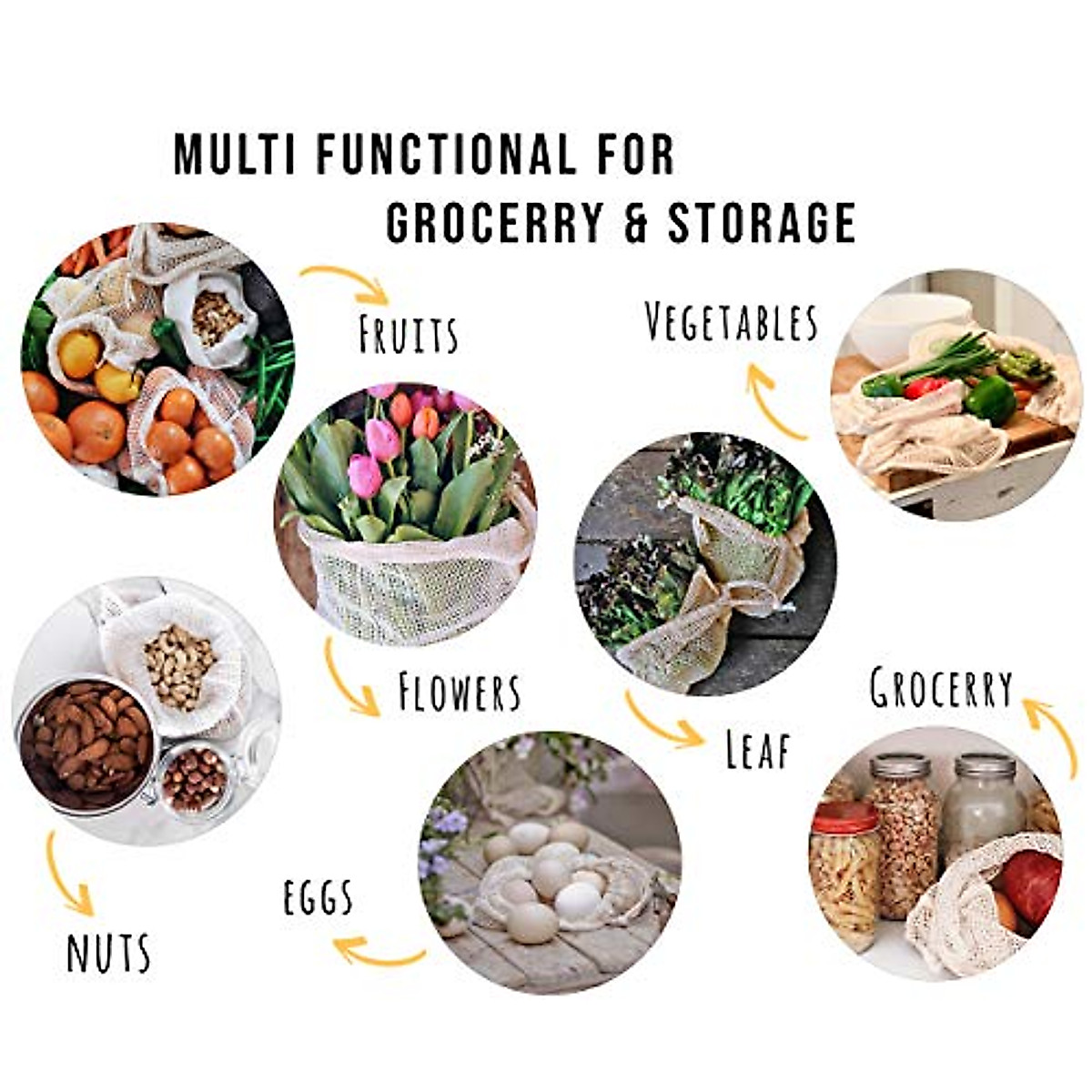 Reusable Produce Bags, Cotton Mesh Produce Bags, Onion Mesh Bag, 100% Organic Cotton, Cloth Produce Bag Grocery, Vegetables Bags for Grocery Shopping, Cotton Vegetables & Fruits Mesh Bag 6 (2XL,2L,2M)