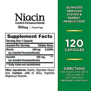 Nature’s Bounty Niacin 500mg Flush Free, Cellular Energy Support, Supports Nervous System Health, 120 Capsules