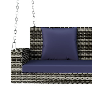 ERYE Outdoor PE Wicker Swing Chains, Pillows for Garden, Backyard, Pond Porch Furniture Set, 2 Seaters Double Rattan Cushioned Conversation Hanging Sofa & Couch, Gray+Blue