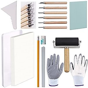 Rustark 24 Pieces Block Printing Starter Tool Kit with Whetstone, Stamp Block, Carving Tools, Tracing Papers,Pencil, Gloves,Eraser and Scrapper, Rubber Stamp Making Kit for Stamping and Printmaking