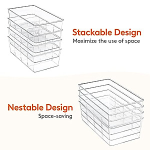 Lifewit 4Pcs Plastic Food Storage Organizer Bin Box, Hold with 3 Dividers for Tea Bags, Snacks, Packets, Pouches, Spices, Ideal for Pantry, Kitchen, Fridge, Cabinet Organization, BPA Free, Clear