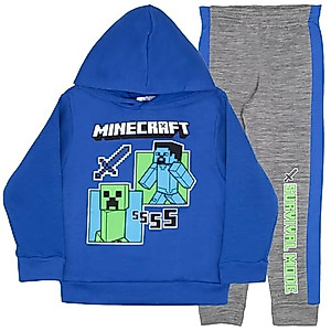 Minecraft Boys 2 Piece Fleece Pants Sets, Pullover Hoodie and Jogger Set for Boys (Blue, Size 7)
