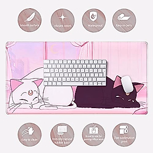 Desk Pad Pink Anime White Cat Black Cat Gaming Mouse Pad Large, Desk Office Decor Exclusive Beautiful Girls Mouse Pad for Women Desktop with Stitched Edges Non-Slip Rubber Computer Mat 31.5x15.7 in