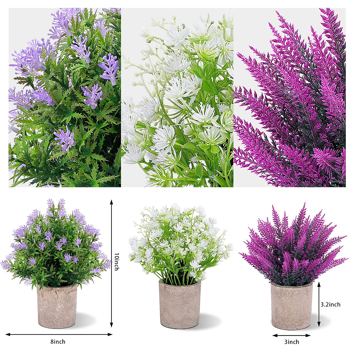 FUNARTY Fake Plants 3pcs Small Potted Plants Mini Artificial Small Flower 10” Faux Greenery Plants Indoor Lavender Pot for Garden Lawn Balcony Office Home Desk Decoration