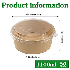 Huaiid Paper Bowl With Lids, 37 oz Kraft Paper Food Container, Paper Soup Bowls,Disposable Paper Salad Bowls For Chilled Pasta, Potato Salad, Fruit and More[1100 ML 50 Pack]