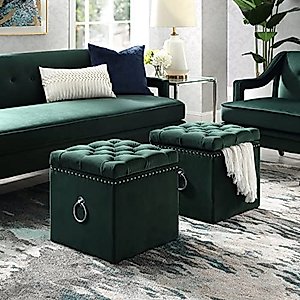 Ella Velvet Cube Storage Ottoman w/ Knob Gold Nailhead Trim, 1 Piece, Hunter Green