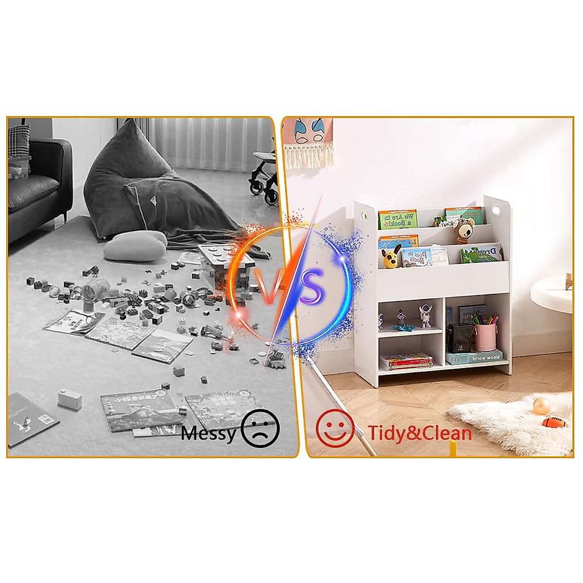 VECELO Kids Book Organizer - Wooden Children’s Bookshelf with 3-Tier Display and 2-Tier Storage Compartments, Easy-to-Access Toddler Bookcase for Playroom, Bedroom, or Nursery - White