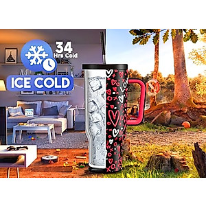 Meoky 40 oz Tumbler with Handle and Straw, 24 oz Insulated Tumbler with Lid and Straw, Stainless Steel Vacuum Insulated Tumbler, Keeps Cold, 100% Leak Proof, Fits in Car Cup Holder (Romance)