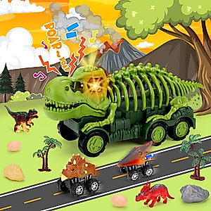Dinosaur Trucks Toys for 2+ 3 4 5 6 Year Old Boys Birthday Gift Transport Carrier Car Vehicles Toddlers 3-5 with Sound Light, Dino Figure& Eggs Monster Truck Game Dinosaur Play Set for Kids 4-6 Girls