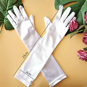 2 Pair Little Girls Long Princess Costume Glove, Creatiee White Dress Up Beading Bows Glove for Kids Party, Wedding, Birthday, Holiday, Formal Pageant (White)