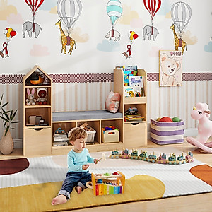 Kids Bookcase with Reading Nook, Bench Kids Bookshelf with 7 Storage Cubbies and 2 Movable Drawers, Multi-Purpose Toy Storage Organizer with Seat Cushion for Playroom, Bedroom, Living Room, Oak