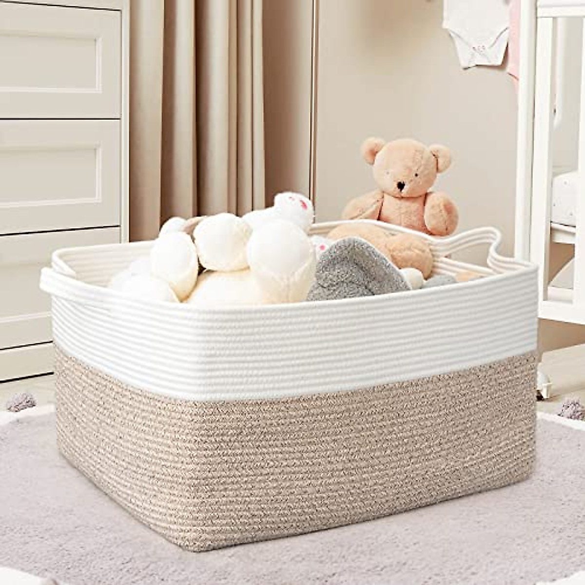 ZLG Extra Large Rectangle Storage Basket 72L Rope Blanket Basket Living Room Pillow Basket Baby Toy Organizer Woven Storage Bin for Kids with Handles Dirty Clothes Storage Hamper, 22 x 17 x 12 inches