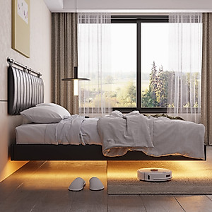 DICTAC Floating King Bed Frame with RGB LED Lights Modern Upholstered King Size Led Bed Frame with Wall Mounted Headboard,No Box Spring Needed,White