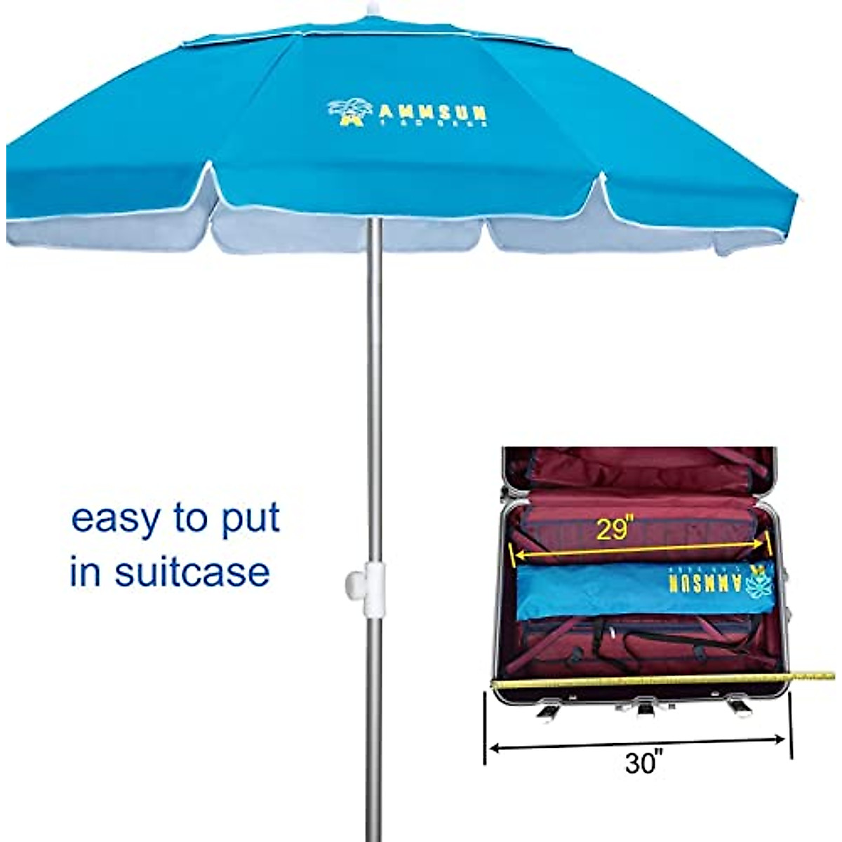 AMMSUN 6.5ft twice folded compact Portable beach umbrella with sand anchor windproof, Push Button Tilt Air vent UV 50+ Protection Fits in a large Suitcase for travel Patio Garden Pool Backyard Sky Blue