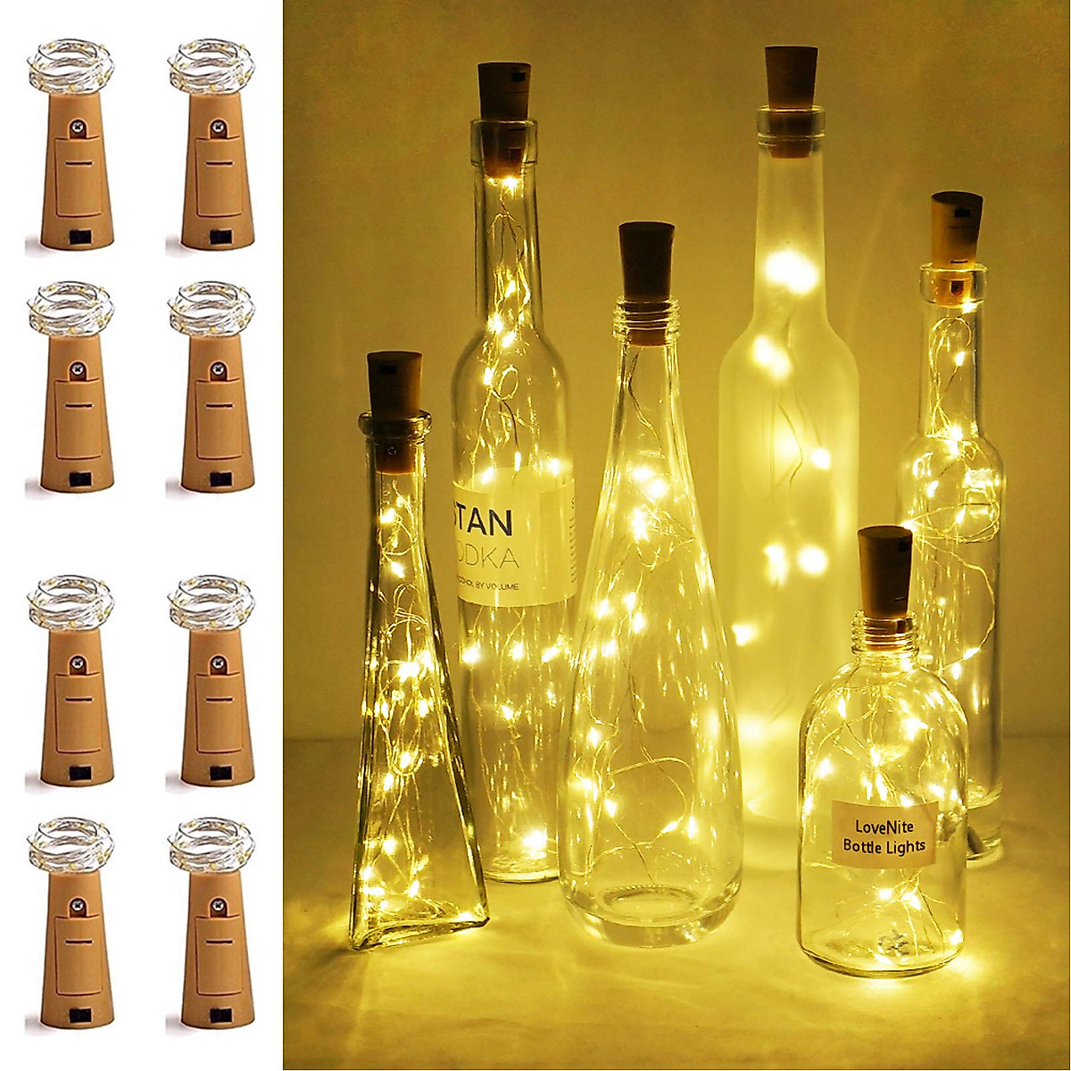 LoveNite Wine Bottle Lights with Cork Switch, 15 LED 8 Pack Battery Operated Mini Fairy Copper Wire Cork String Lights for Party Wedding Christmas Festival Decoration (Warm White)