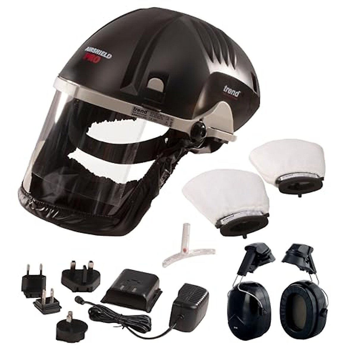 Trend Airshield Pro Full Air Circulating Face Shield w/ Ear Defenders - Complete Face and Hearing Protection Pack, AIR/PRO/D2