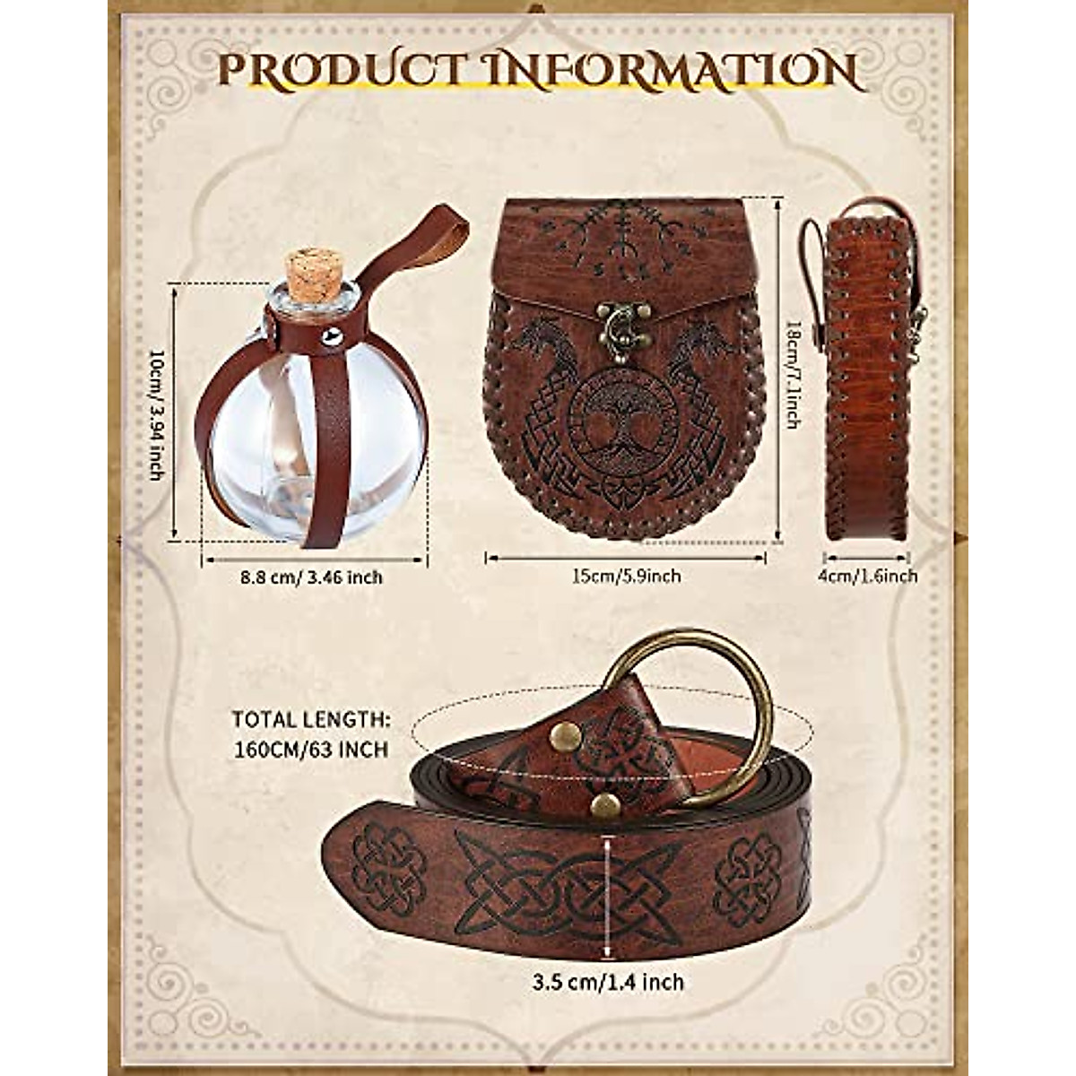 Jiuguva 3 Pcs Medieval Viking Belt Leather Renaissance Belt Pouch Cork Potion Bottle Medieval Bag Renaissance Accessories(Brown, Two Dragons)