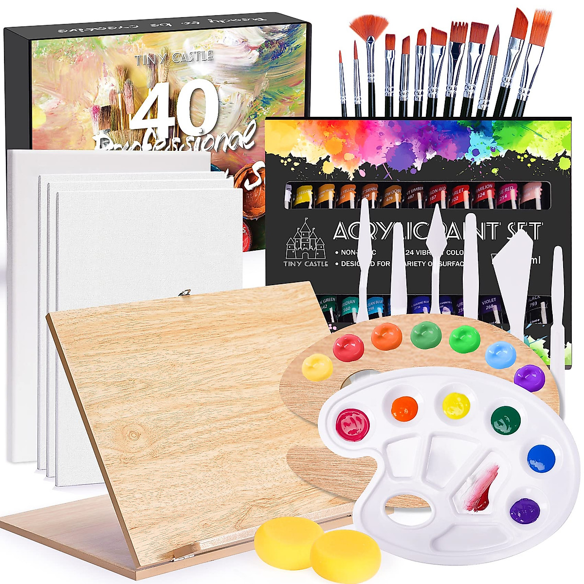 Easel Art Set, 40 Piece Painting Supplies with 1 Art Easel, 24 Acrylic Paint Set, 4 Painting Canvas, 12 Paint Brushes & Necessary Paint Set Tools, Art Supplies for Kids Adults Beginners Artists Pros