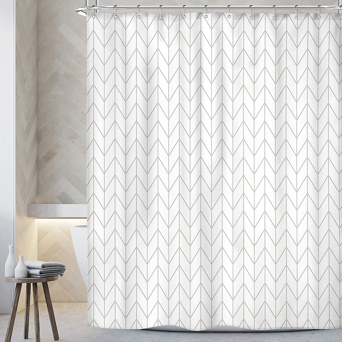 Riyidecor Chevron Shower Curtain White Beige Geometric Herringbone 60Wx72H Inch Striped Simple Modern Classy Neutral Contemporary Decor Fabric Bathroom Set Polyester Waterproof