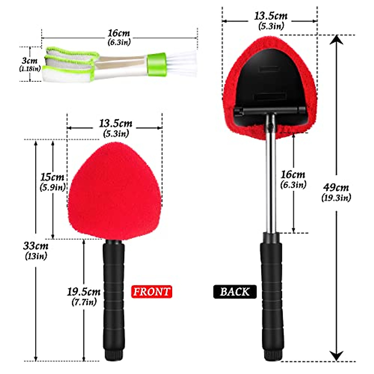Almcmy Windshield Cleaner Tool, Microfiber Car Window Cleaner with 3 Reusable Microfiber Pads and 1 Air Vent Cleaner, Extendable Handle Car Window Brush Kit for Interior Exterior Use Car Cleaning, Red