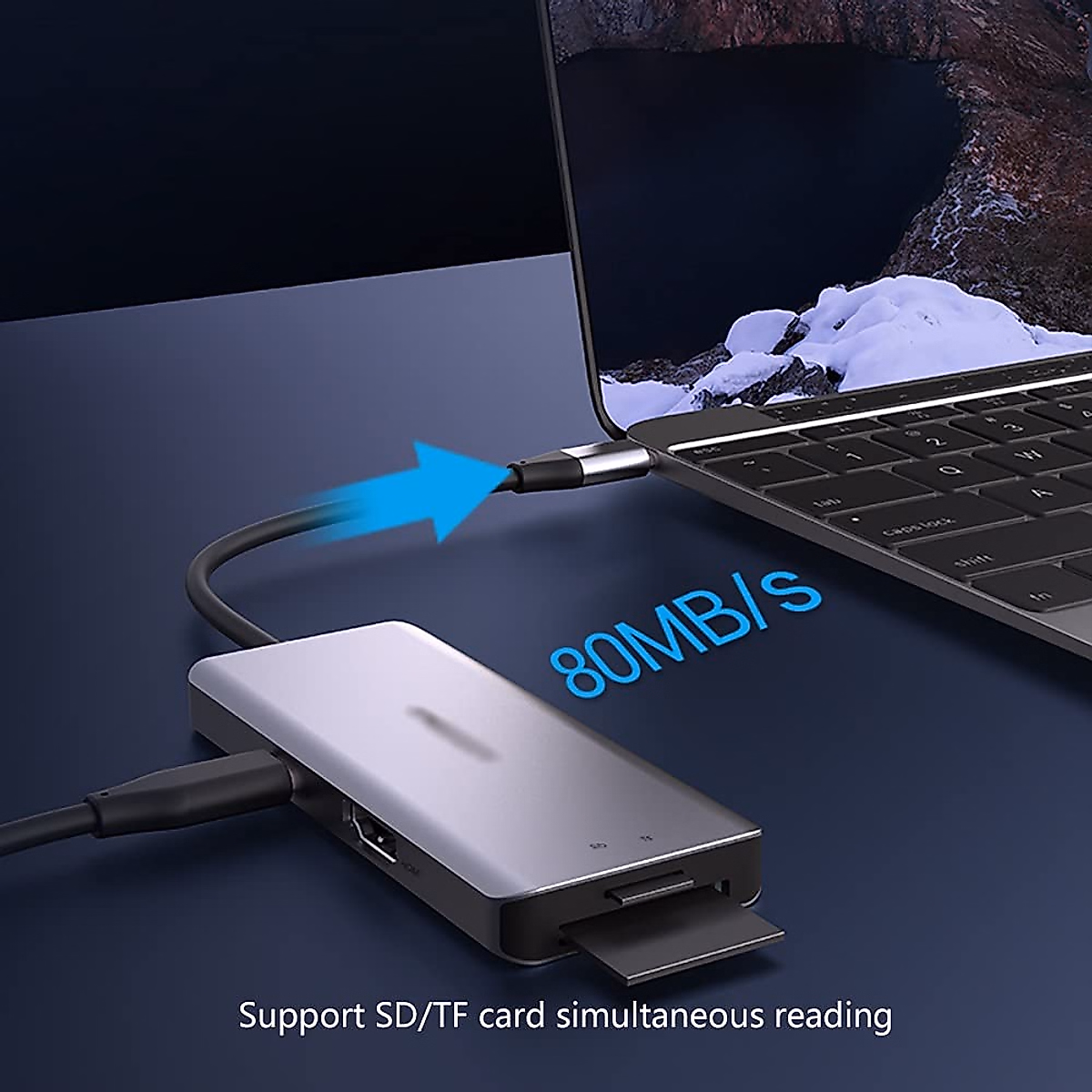 Port Expander USB C Hub Adapter 7 in 1 Multiport USB-C Docking Station with 4K HDMI, 3 USB 3.0 Port, SD/TF Card Reader and PD 60W USB Splitter