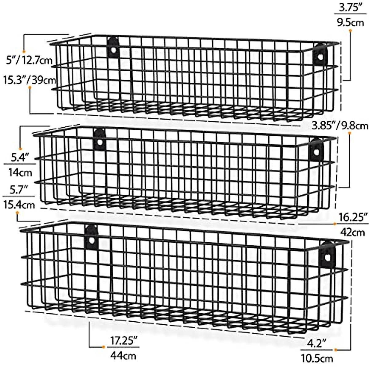 Wall35 Kansas Wall Mounted Metal Wire Baskets for Kitchen Organization and Storage, Varying Sizes Hanging Fruit Basket Set of 3 Black
