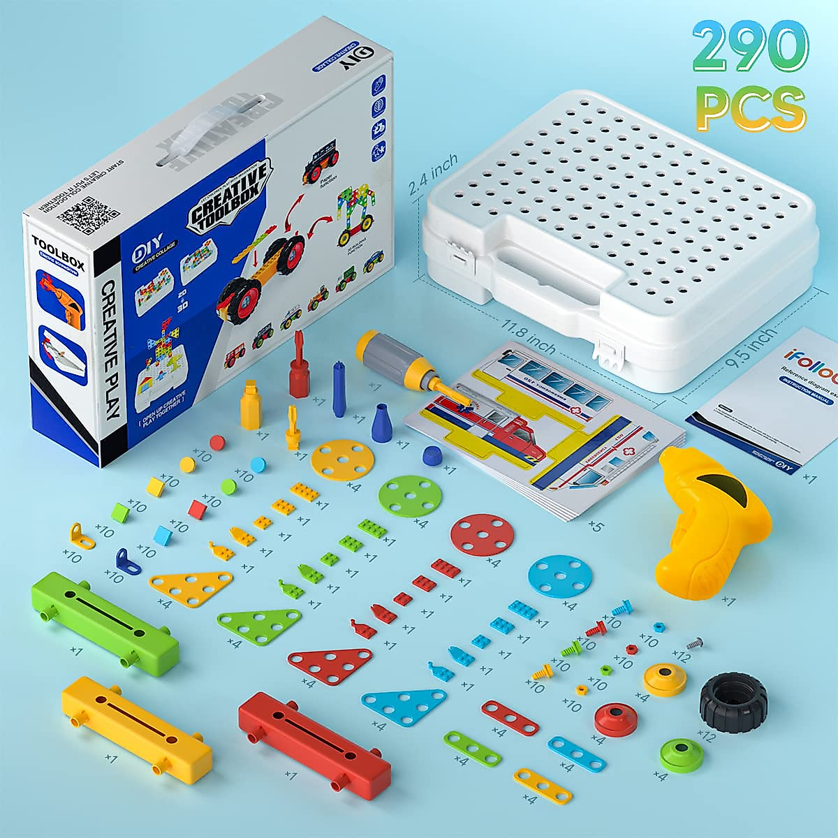 290PCS Building Toys, 3D STEM Learning Toys with Electric Creative Mosaic Drill Toys Set Building Blocks, DIY Educational Construction Engineering Screwdriver Tool Set Gift for Kids Boys Girls Aged 3+