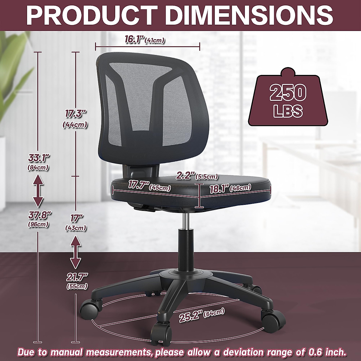 KIZECK Armless Swivel Computer Office Desk Task Chair with Rolling Wheels for Home Study and Work, Mesh Back, Black