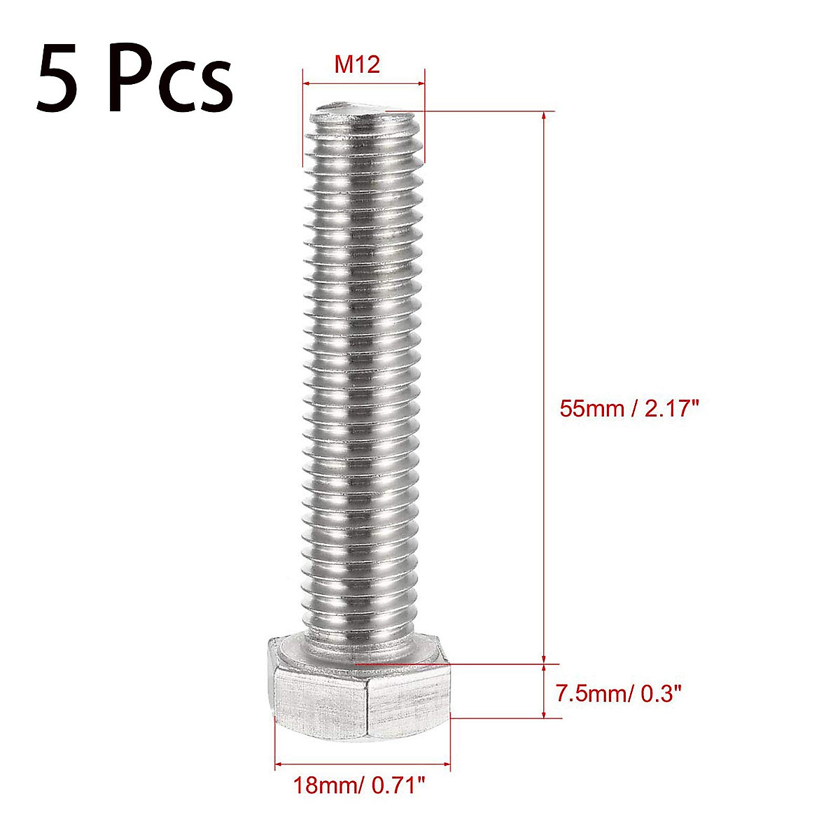 5 Pcs M12 Hex Bolt M12-1.75 x 55mm UNC Hex Head Screw Bolts A2-70(304) Stainless Steel Fully Threaded Hex Tap Bolts，Plain Finish，Fully Threaded (M12 x 55mm)