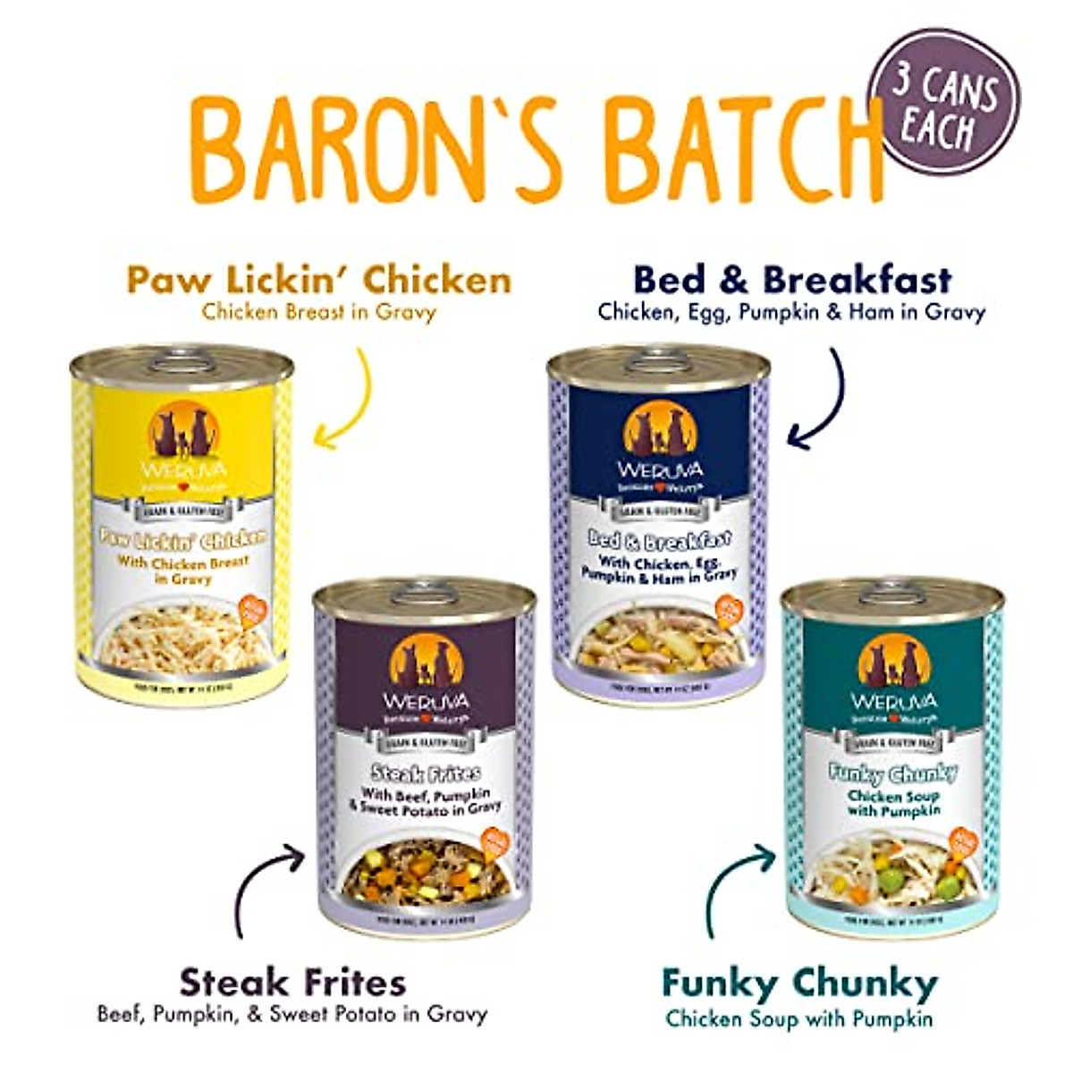 Weruva Classic Dog Food, Variety Pack, Baron's Batch, Wet Dog Food, 14oz Cans (Pack of 12), Multi