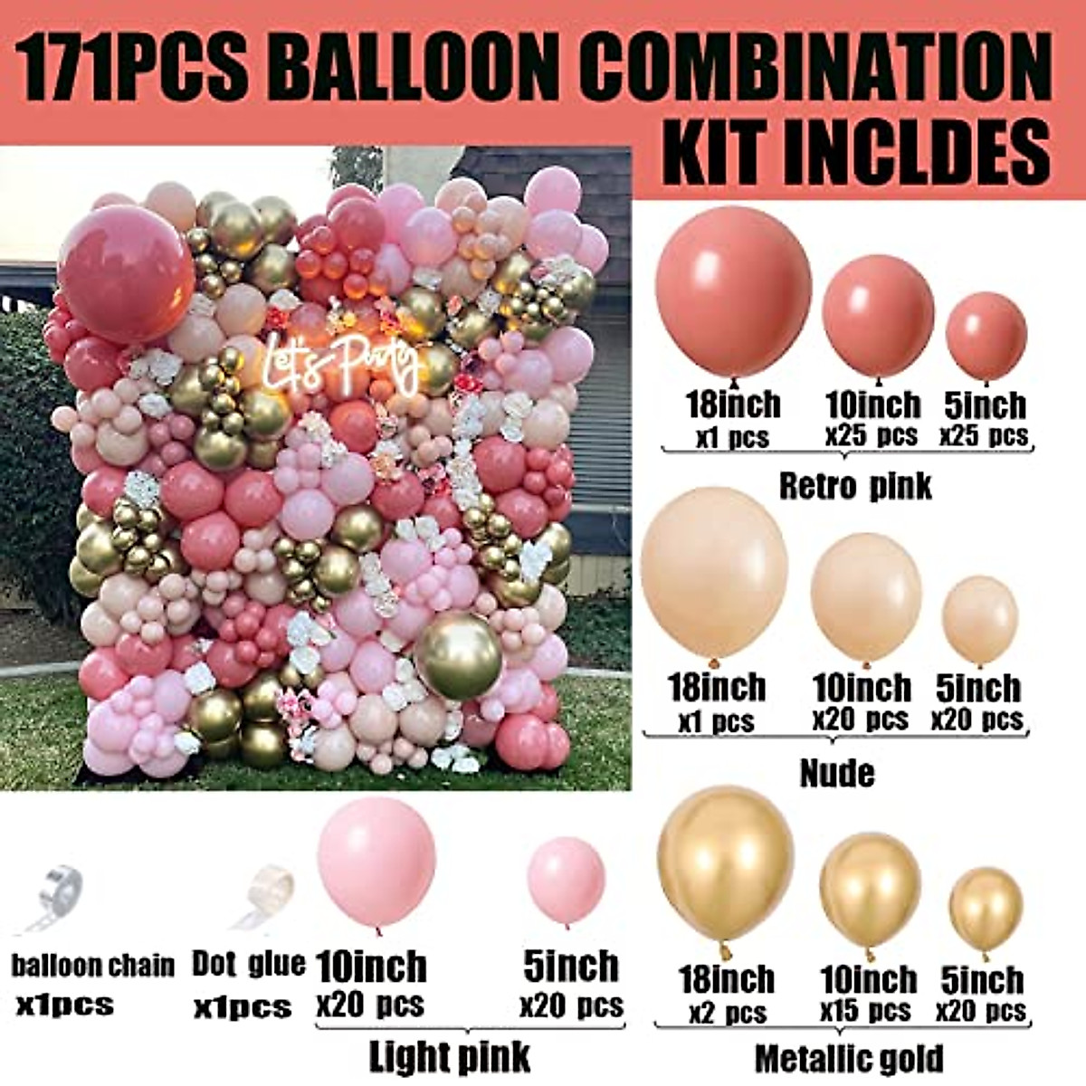 Orgnafey Retro Dusty Pink Balloons Garland Kit 171Pcs Pastel Light pink Nude Metallic Gold Balloon Arch For Wedding Princess Bridal Engagement Anniversary Girl Baby Shower Birthday Party Decorations